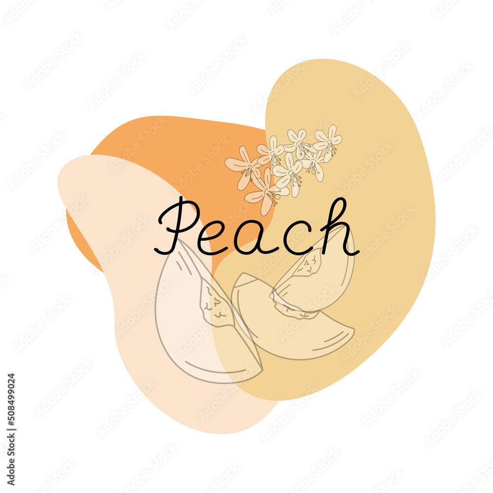 Abstract orange shapes with Peach lettering and with peach slices and ...