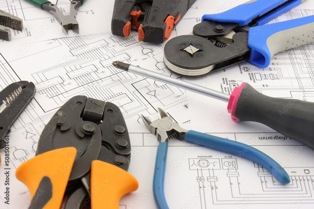 Tools for installing an electrical control panel in close-up on an ...