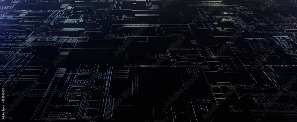 Dark electronic circuit lines with light. Digital drawing of ...