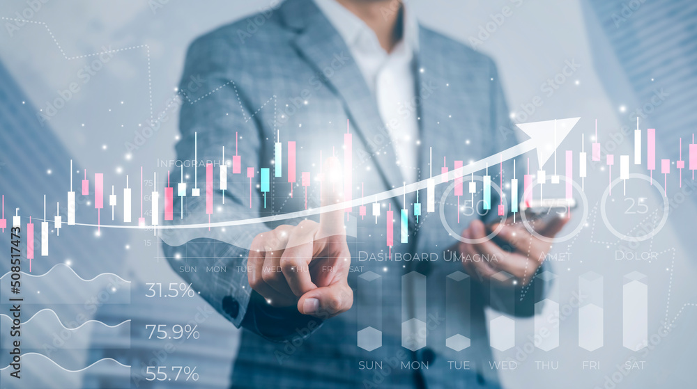 Businessman hand touching arrow virtual screen business graph on the ...