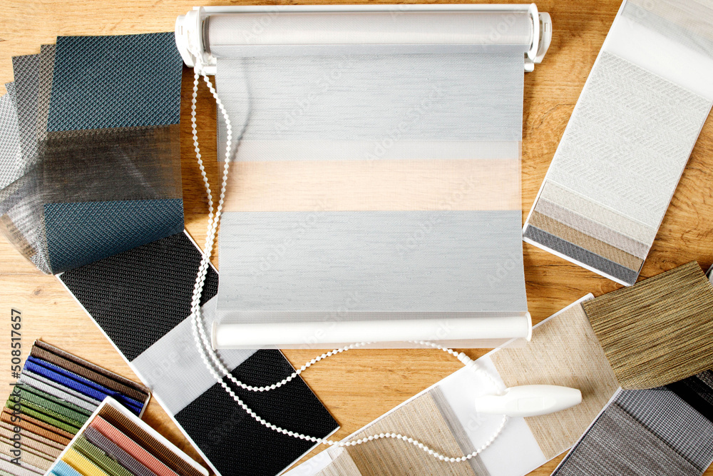 Samples of fabrics of different textures and colors in the form of a ...