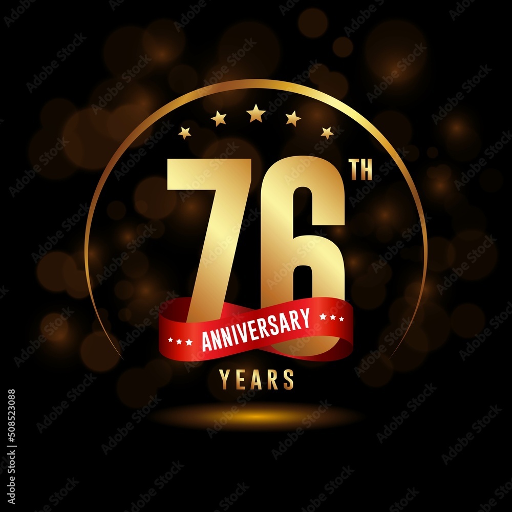 76 years anniversary logo with golden ring and ribbon for booklet ...