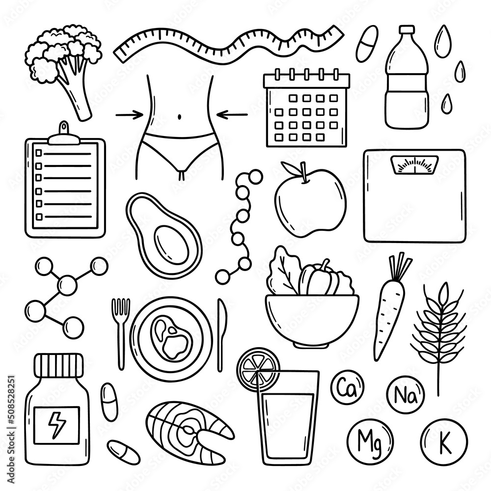 Hand drawn Nutrition and Detox Diet food doodle. Weight loss. Healthy ...