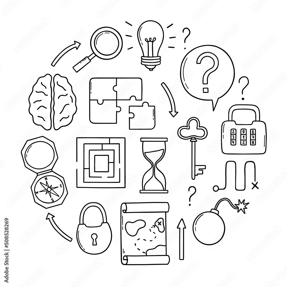 Hand drawn set of quest doodle. Riddles, puzzles and quizzes. Compass ...