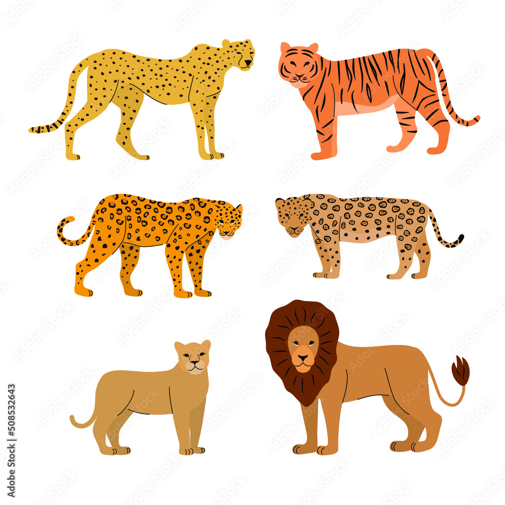 Cartoon big cats vector set. Illustration of jaguar, leopard, cheetah ...