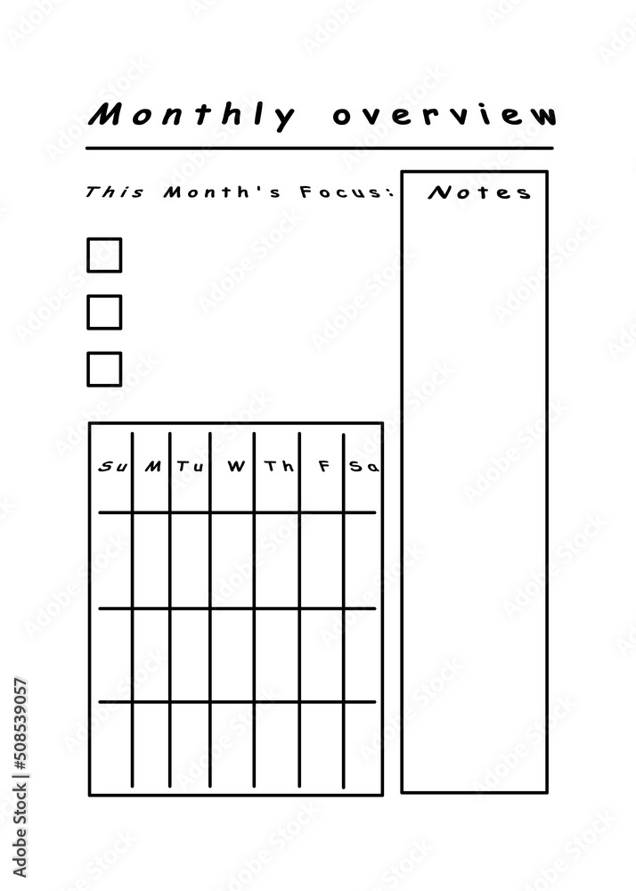 Monthly overview, blank template. Vector digital planner illustration ...