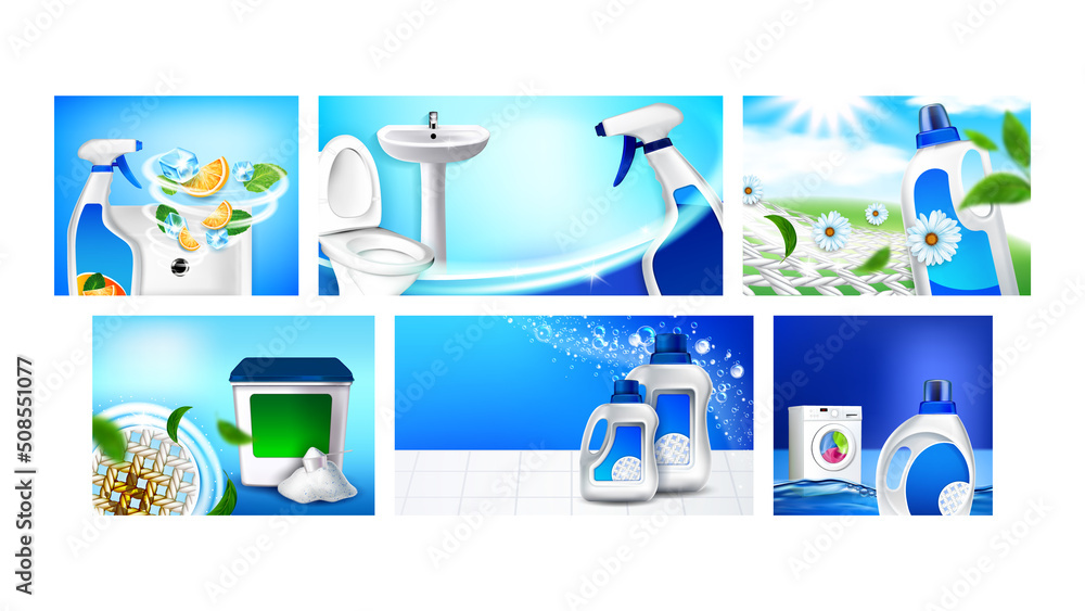 Detergent Creative Promotional Posters Set Vector. Detergent Powder And ...
