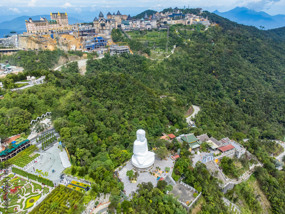 Aerial view of Da Nang Ba Na hills with Golden bridge, Helios Waterfall ...