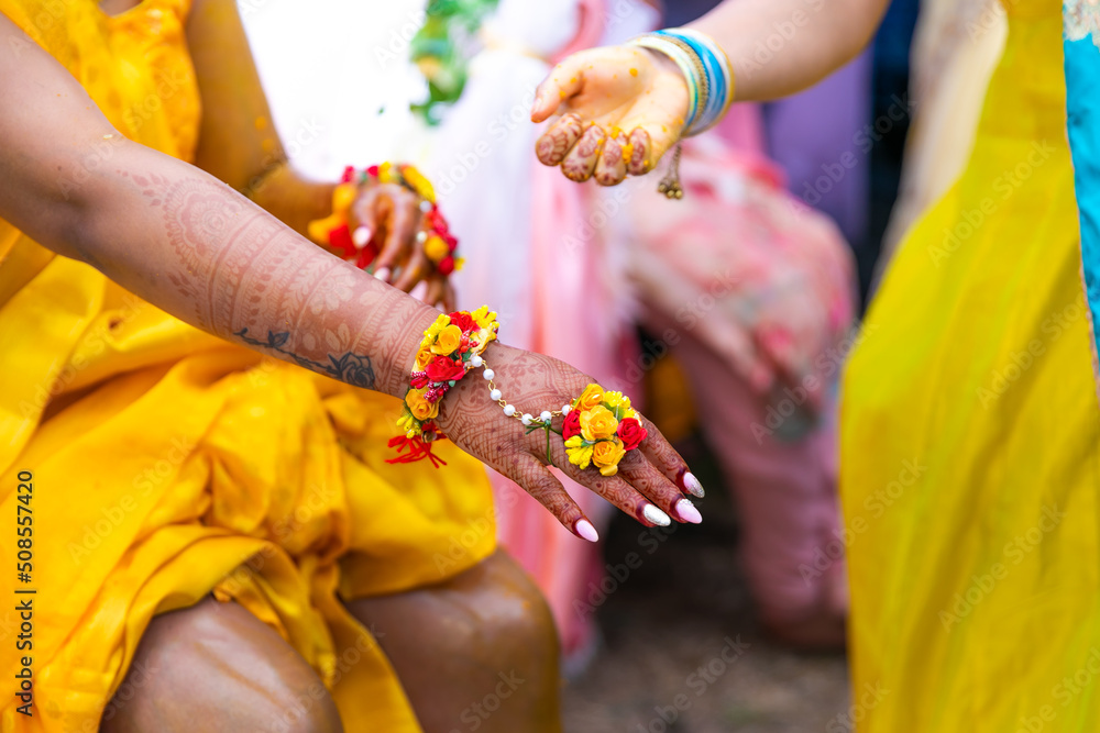 Indian Hindu pre wedding haldi turmeric ceremony close ups Stock Photo ...