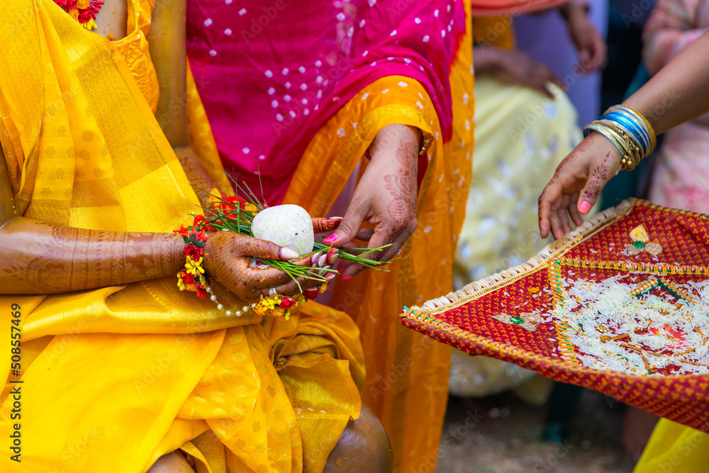 Indian Hindu pre wedding haldi turmeric ceremony close ups Stock Photo ...
