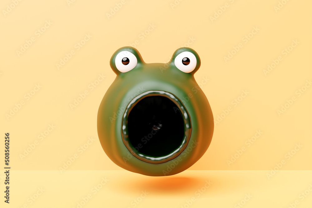 3D illustration of a green frog monster with an open mouth on a yellow ...
