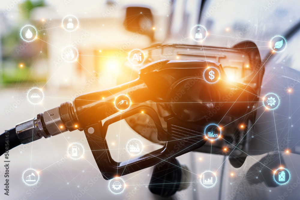 Car refilling fuel or gas at gas station with Symbolic industry icons ...