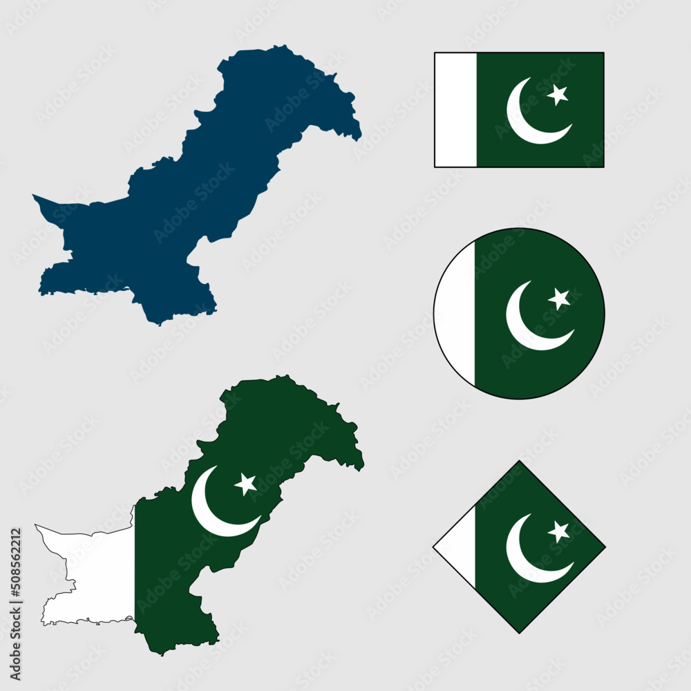 Vector of Pakistan map flag silhouette with flag set isolated on white ...