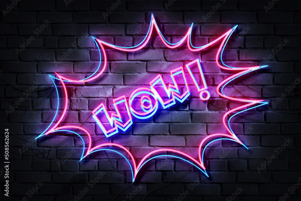 Wow Neon Sign on a dark wall Stock-Foto | Adobe Stock