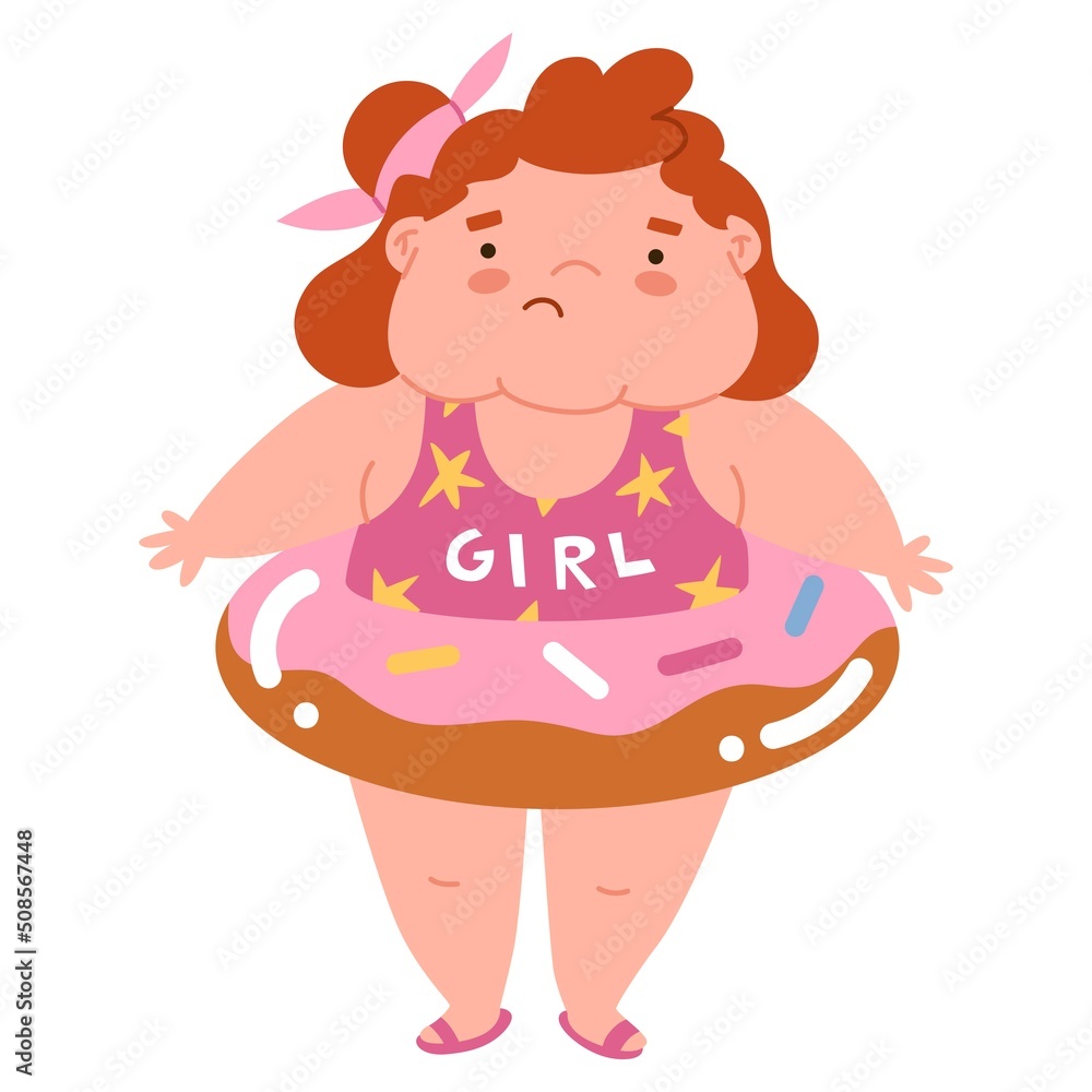 A fat girl on the beach with a life buoy is ashamed of her extra weight ...