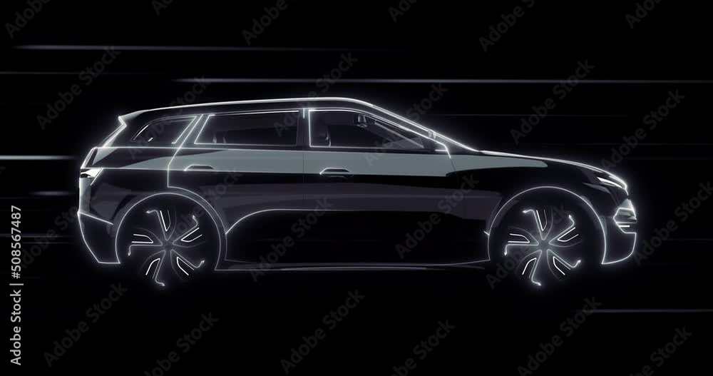 Lighted concept of modern black SUV car from the side view. White line ...