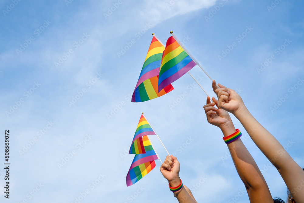 diversity people hands raising colorful lgbtq rainbow flags in the ...