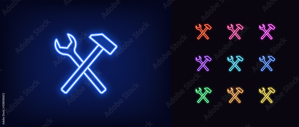 Outline neon repair icon. Glowing neon wrench and hammer sign, service ...