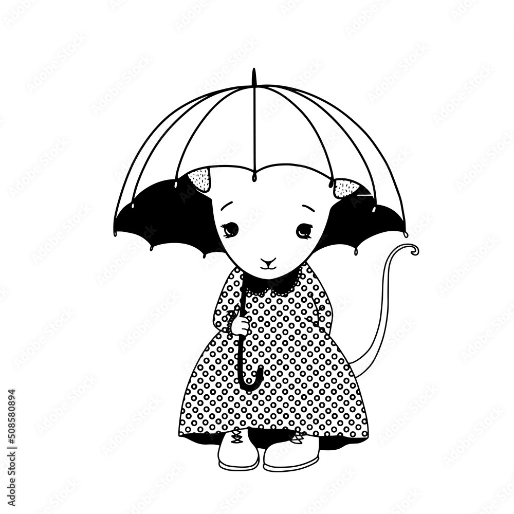 cute mouse under umbrella vector illustration, animal clipart with ...