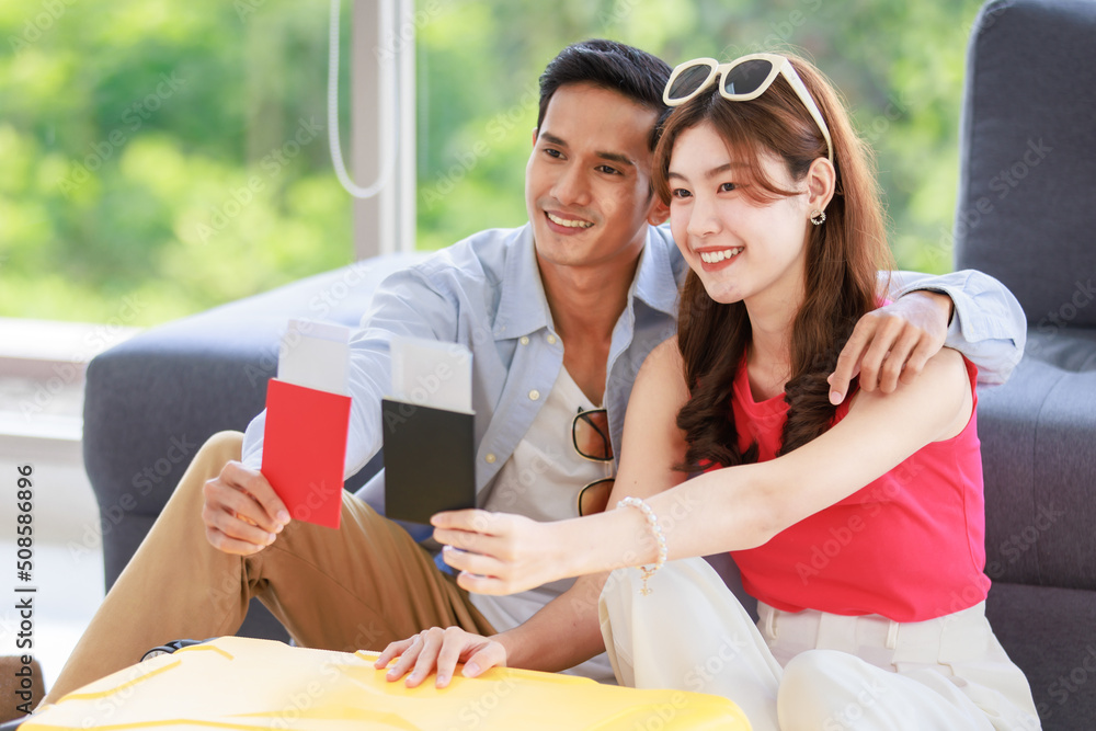 Asian cheerful romantic boyfriend girlfriend traveler lover couple in ...