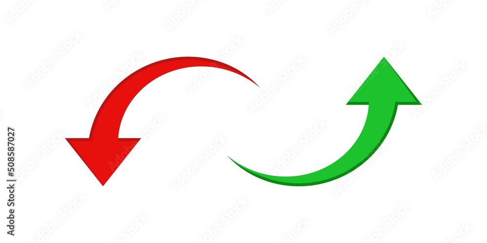 Up down arrow icons. Colored curved arrows. Flat simple red and green ...
