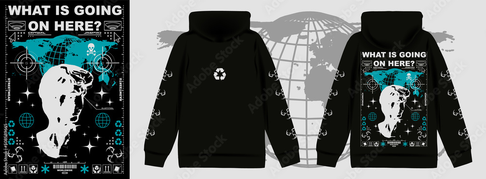 Retrofuturistic poster with head of david, large sphere and earth map ...