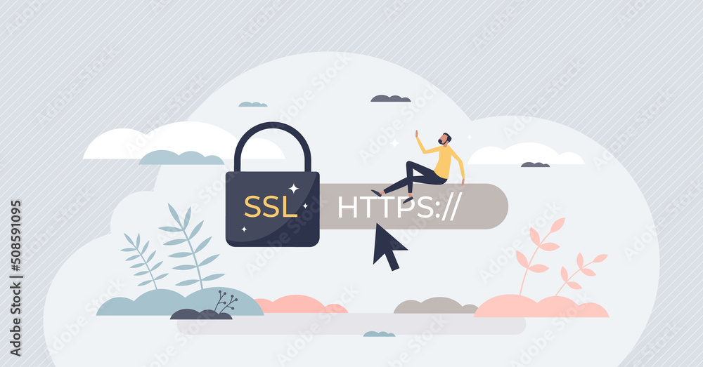SSL or secure sockets layer as safe network data links tiny person concept. Strong internet ...