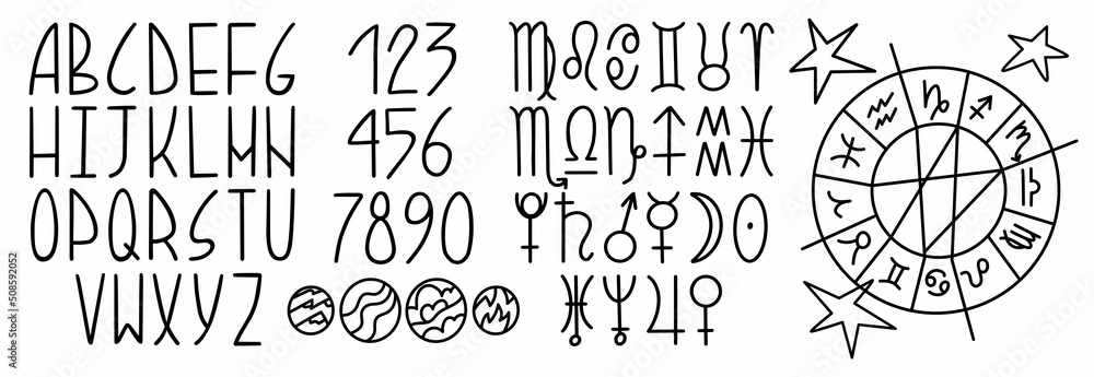 Astro alphabet. Astrological elements, Planet and zodiac signs. Natural ...