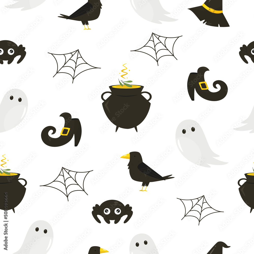 Seamless pattern with Halloween symbols - ghost, cauldron with potion ...