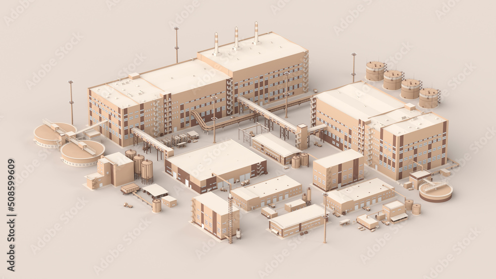 3d model of a factory, layouts of buildings on a light background. The ...