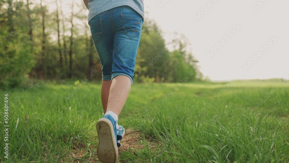 happy family. kid run legs close-up in the park at sunset. people in ...