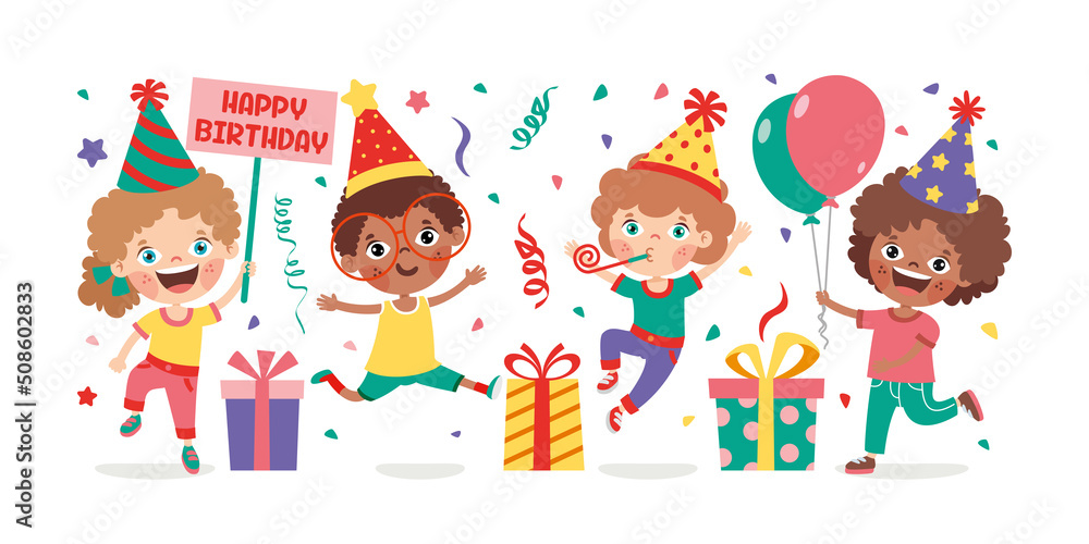 Cartoon Kids Celebrating Birthday Party Stock Vector | Adobe Stock