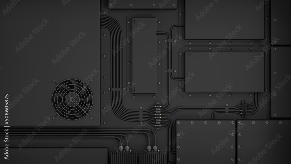 Dark technological background with cables, wires and connected ...