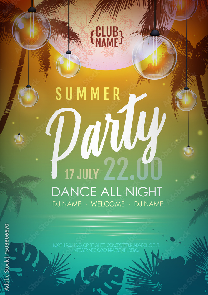 Summer disco party poster with tropic leaves and string of lights ...