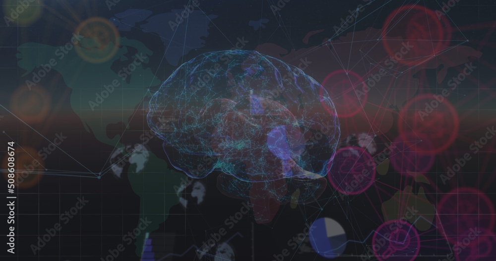 Image of rotating brain with connections over world map and diverse ...