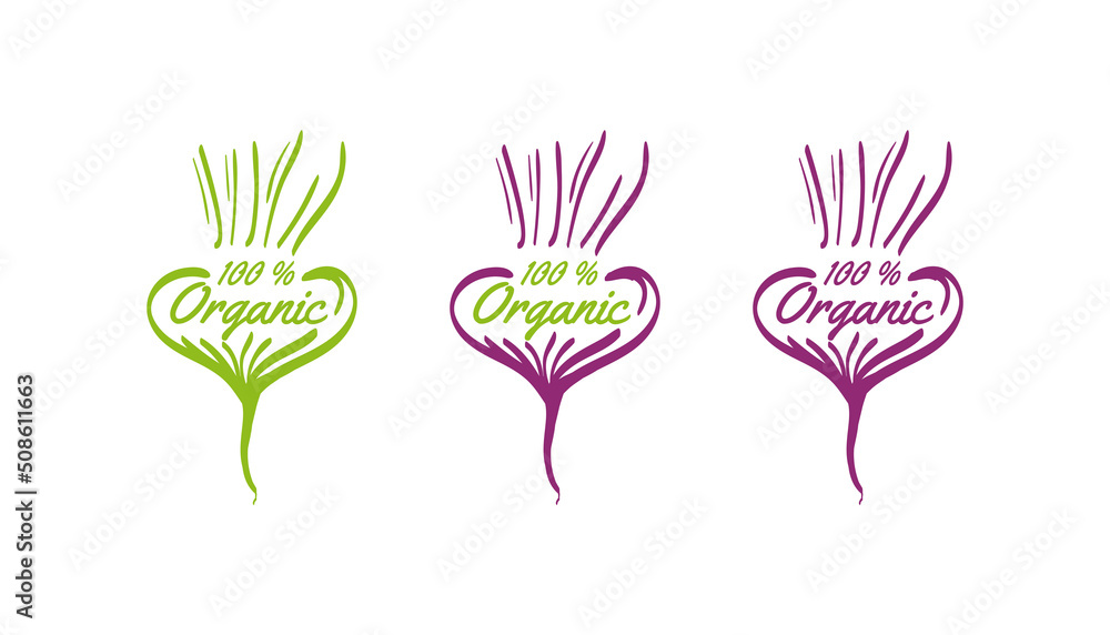Root beet hand drawn sticker. Organic food stickers and badges. 100% ...
