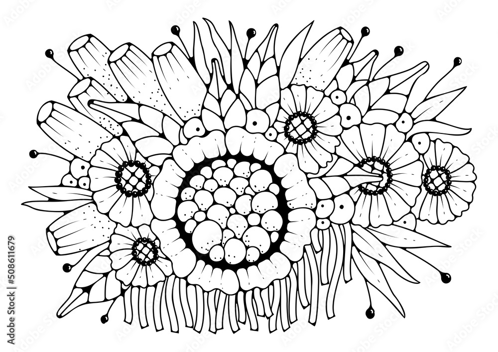 Coloring page, art therapy for children and adults. Delicate bouquet of ...