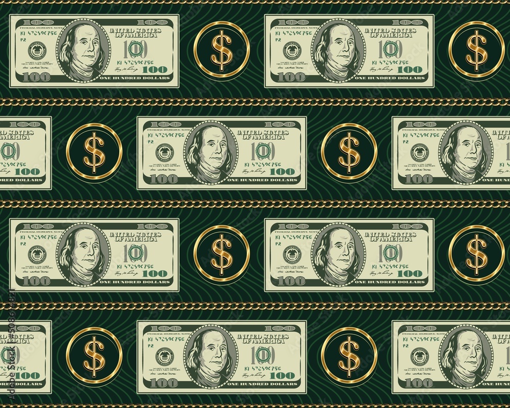 Seamless pattern with horizontal aligned 100 dollar banknotes, gold ...