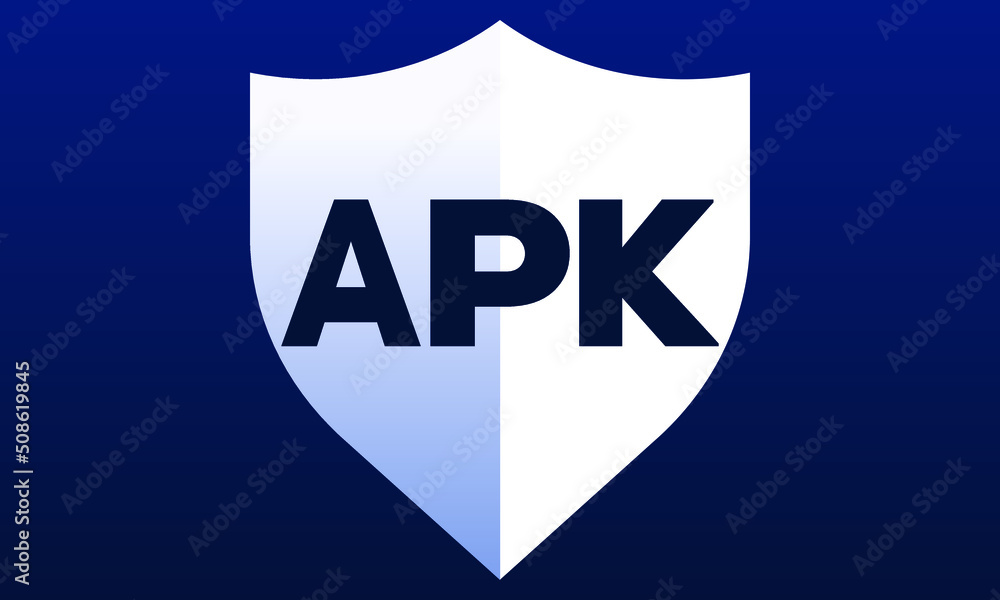 APK shield logo design on blue background vector template | monogram ...