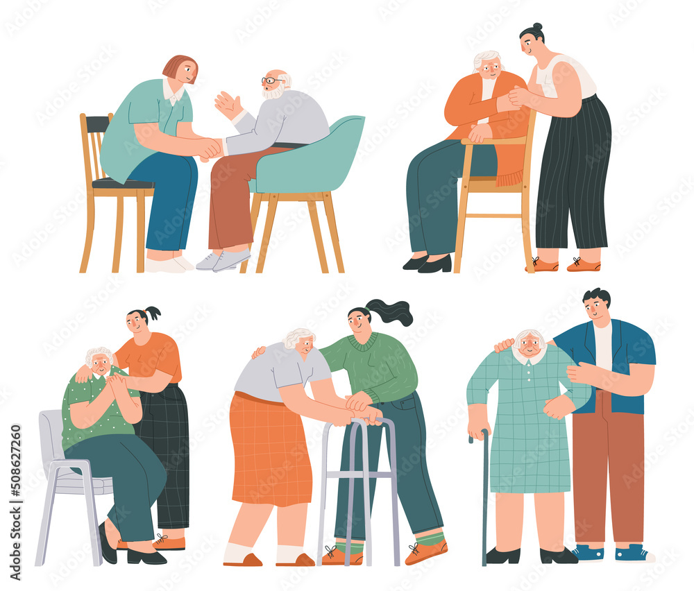 Help and Care Old People Concept. Volunteer young people help elderly ...