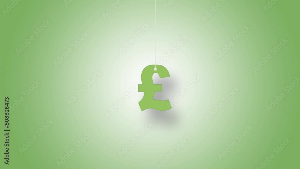 British Pound symbol in green hanged with strings against green ...