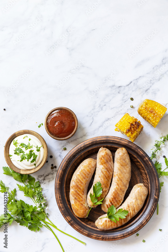 Grill food menu. Summer Party Food. Grilled Sausages with fresh herbs ...