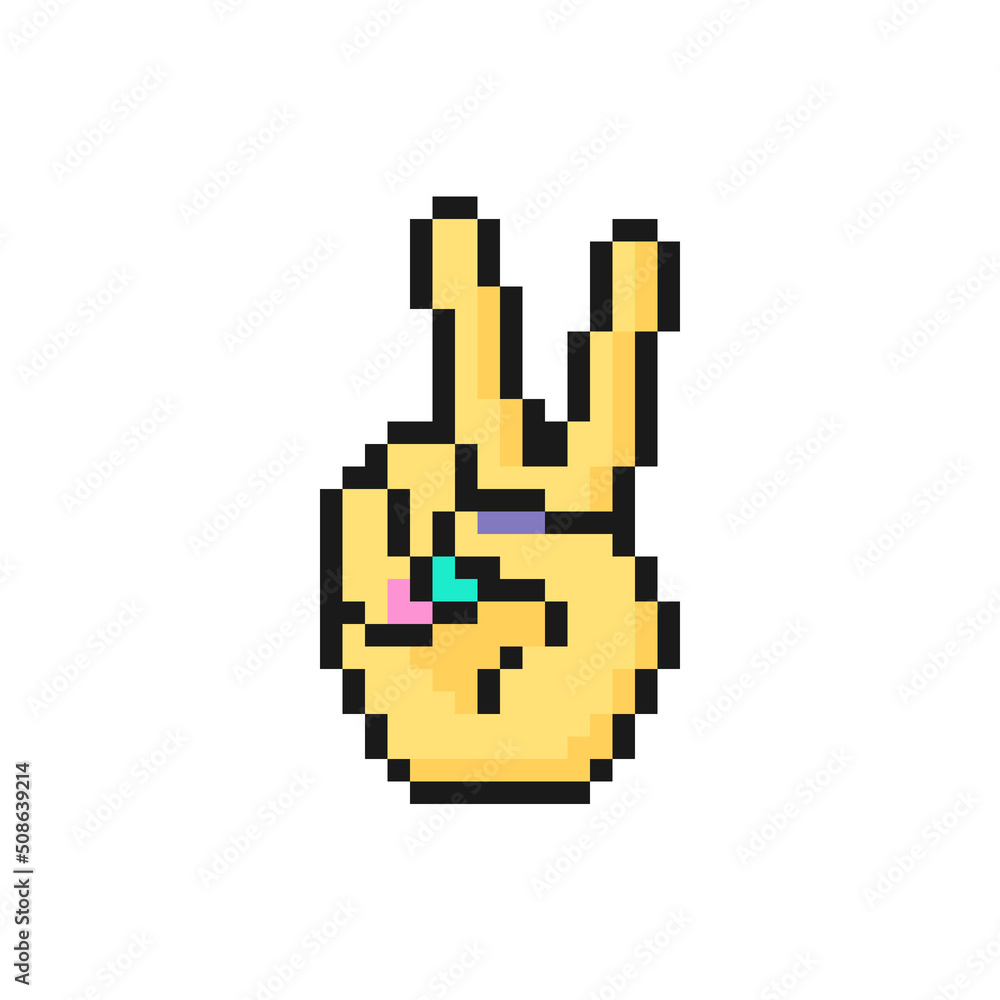 Sign for peace or victory, hand gesture V icon in pixel art design ...