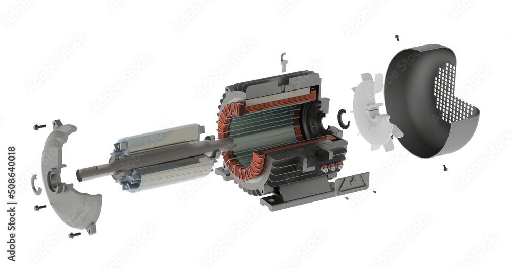Electric motor, section exploded view 3D rendering isolated on white ...