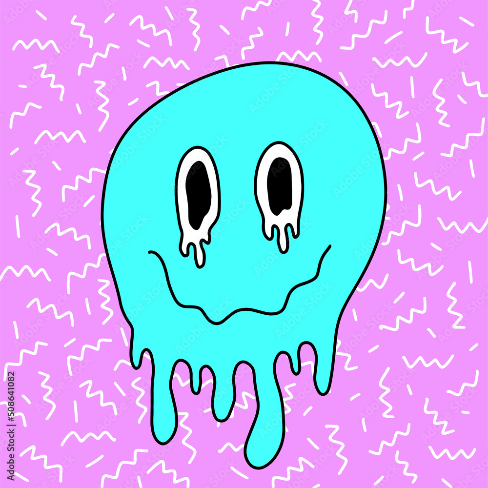 Melted smiley face, trippy sticker. Funny cartoon illustration. Comic ...