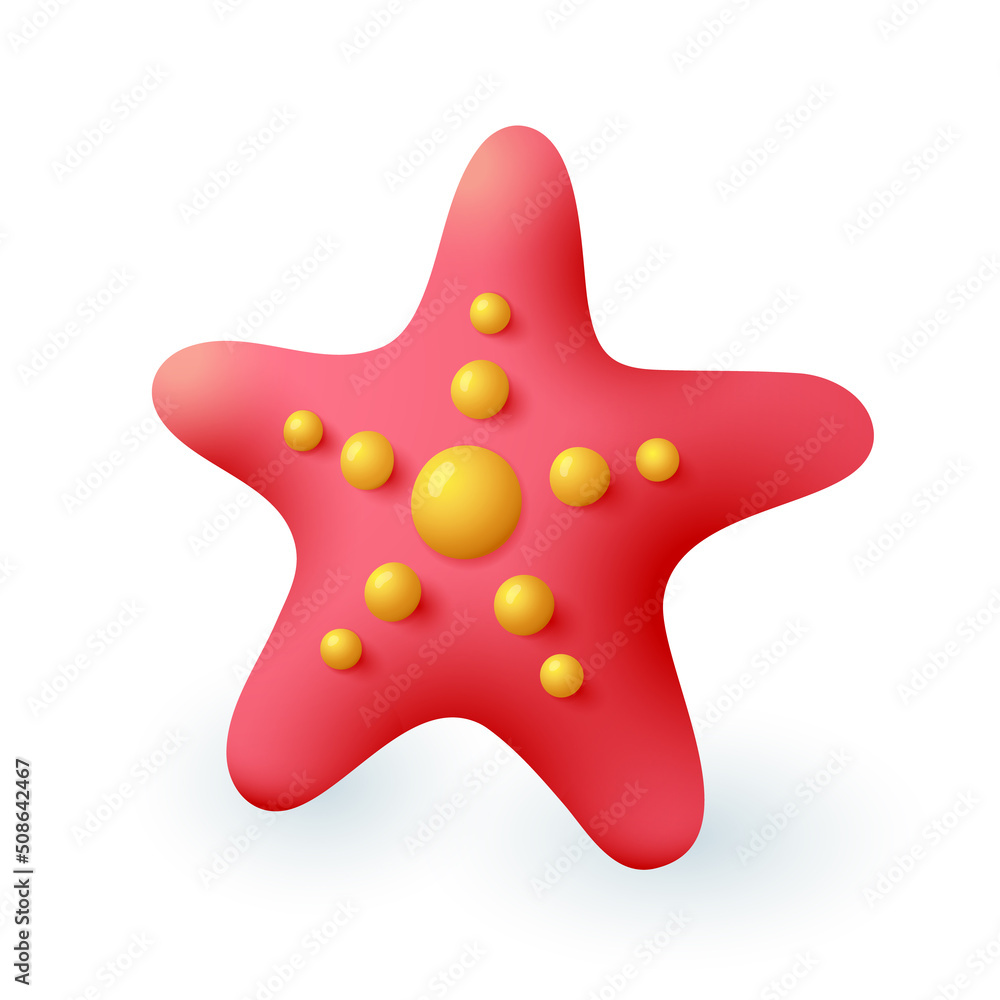 3d cartoon style red starfish with yellow dots icon. Sea star, marine ...