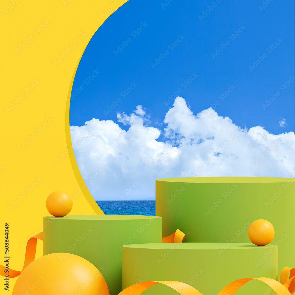 yellow podium on stage with yellowish green platform on sky background ...