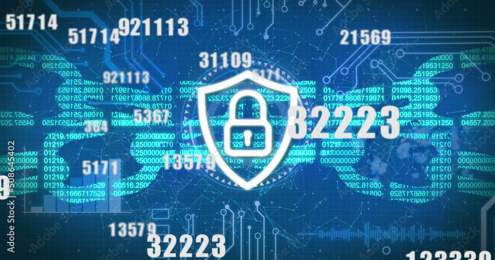 Security padlock icon and multiple changing numbers against blue background Stock Illustration ...