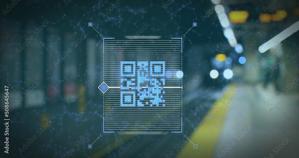 Image of QR code scanning with blue web connections over underground ...