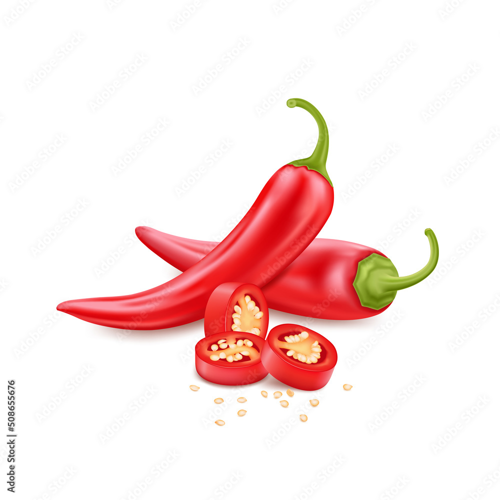 Red hot chili pepper slice with seeds, realistic vector for packaging ...